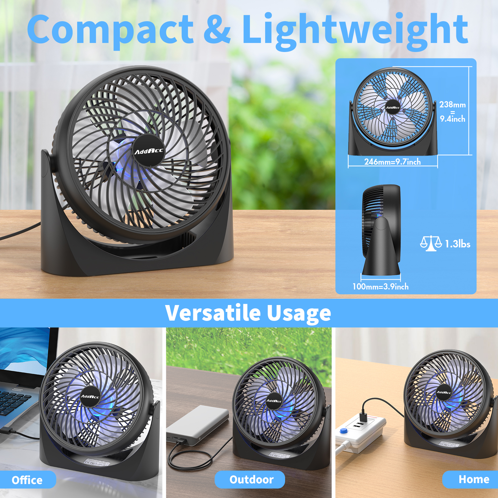 AddAcc- 8 inch Table Fan with Remote, USB Powered Desk Fan with RGB ...